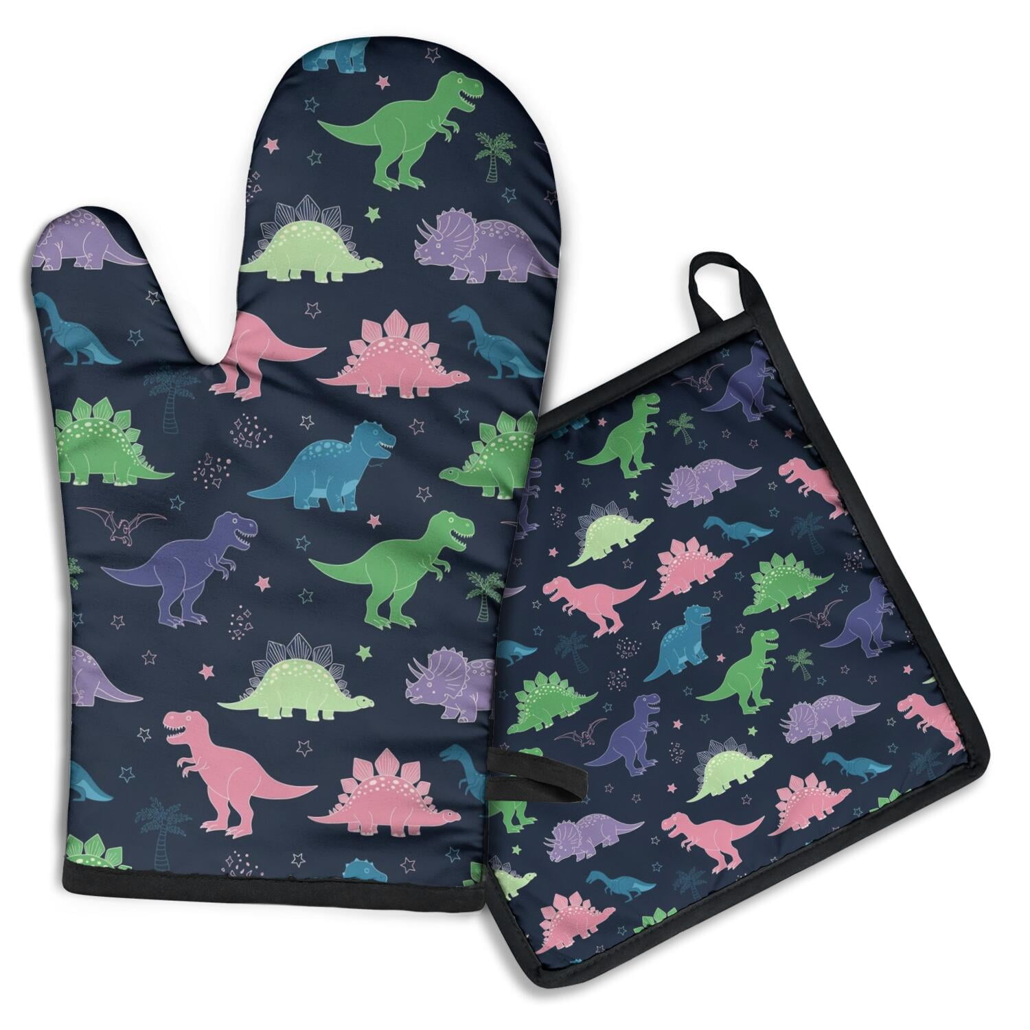 Neon Outline Dinosaurs Vibrant Kitchen Oven Mitt and Pot Holder Sets 2 ...