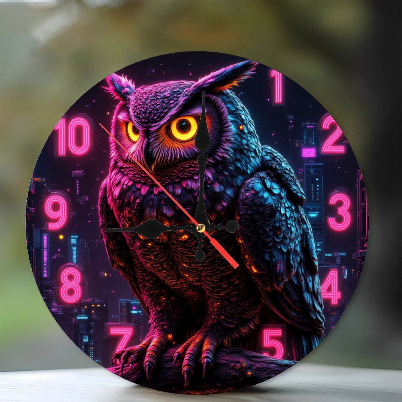 Neon Owl Art Print 10-Inch Silent Wooden Wall Clock, Battery Operated ...