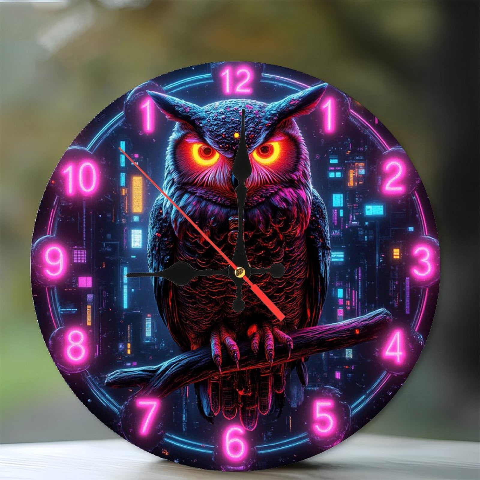 Neon Owl Wall Clock Contemporary Home Decor 10-Inch Silent Wooden Wall ...