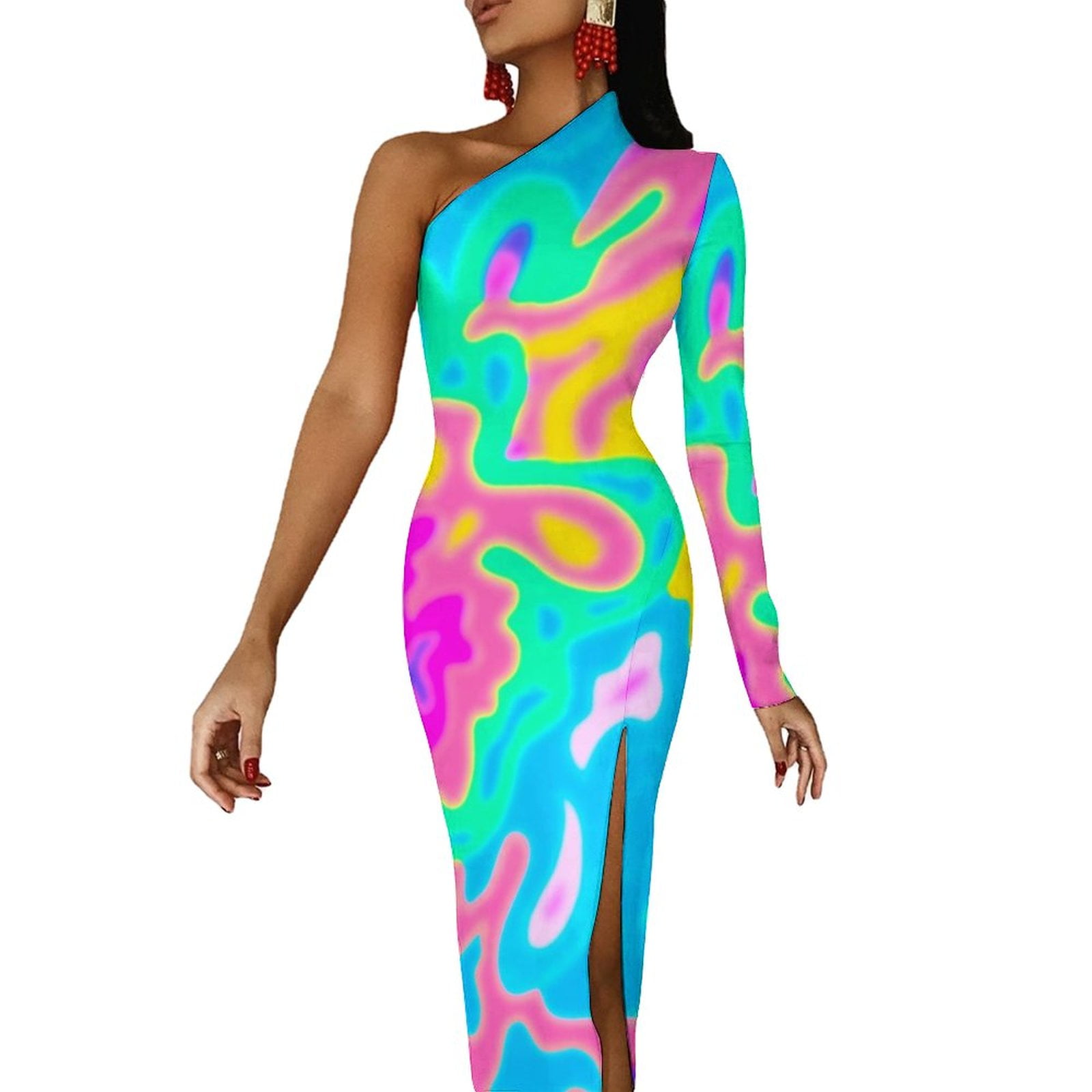 Neon Paint Long Dress Women Graffiti Splatter Print Party Maxi Dress ...