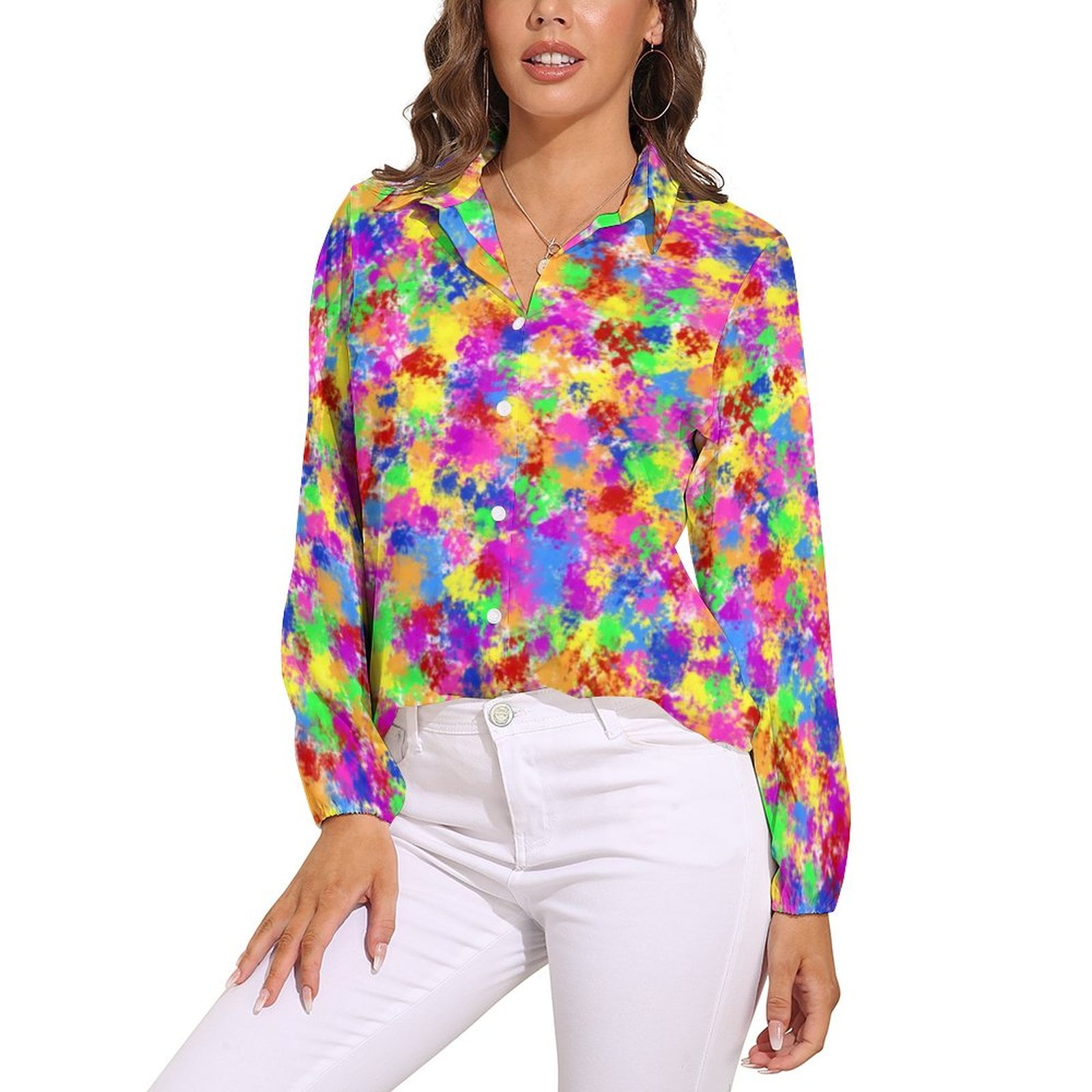 Neon Paint Loose Blouse Pretty Splatter Print Casual Oversize Blouses ...
