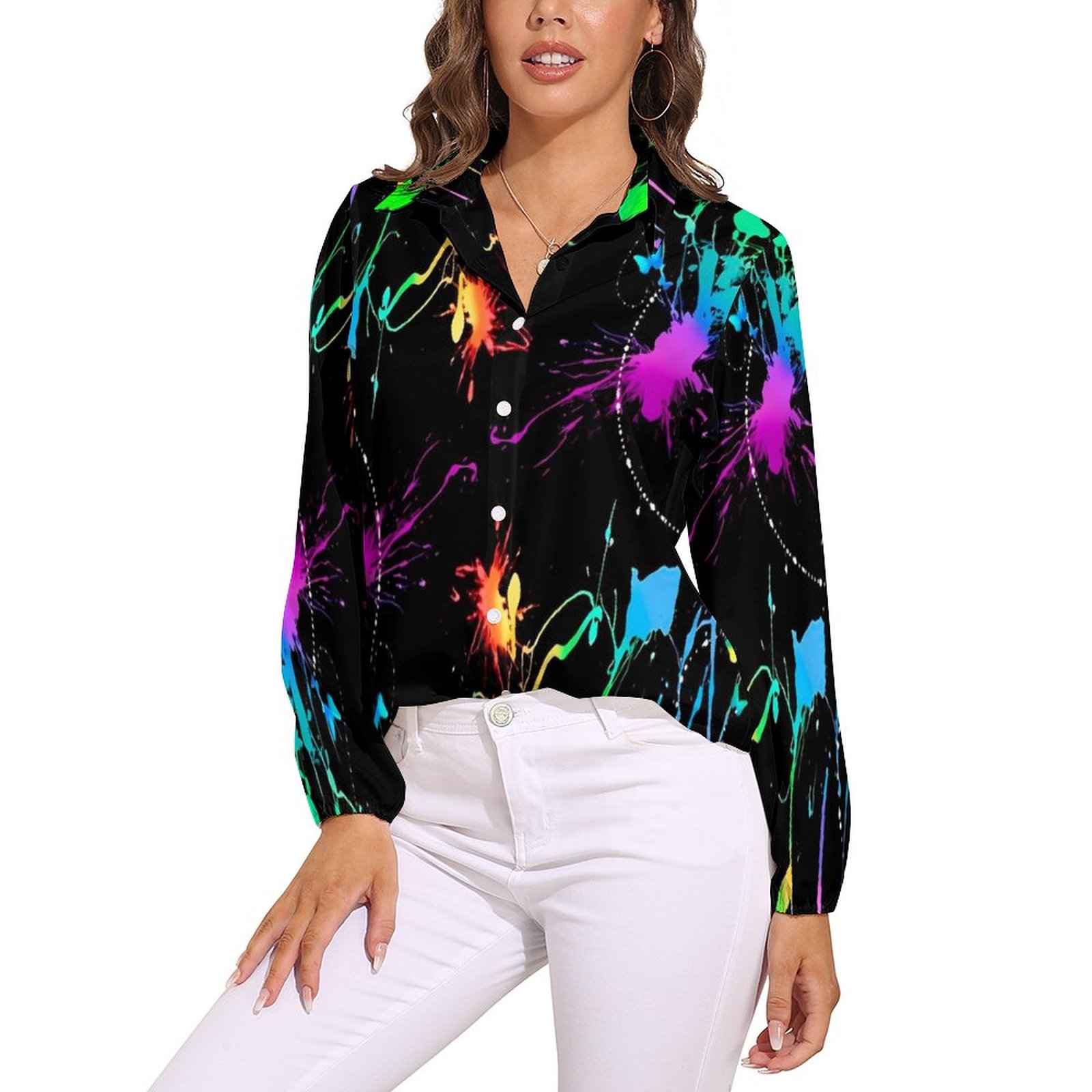 Neon Paint Print Blouse Women Colorful Tie-Dye Streetwear Loose Blouses ...
