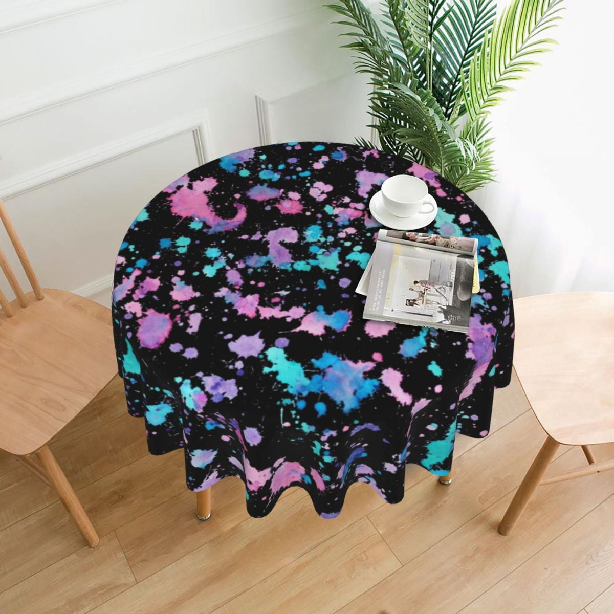 Neon Paint Splatter Tablecloth Pink And Blue Waterproof Round Table ...