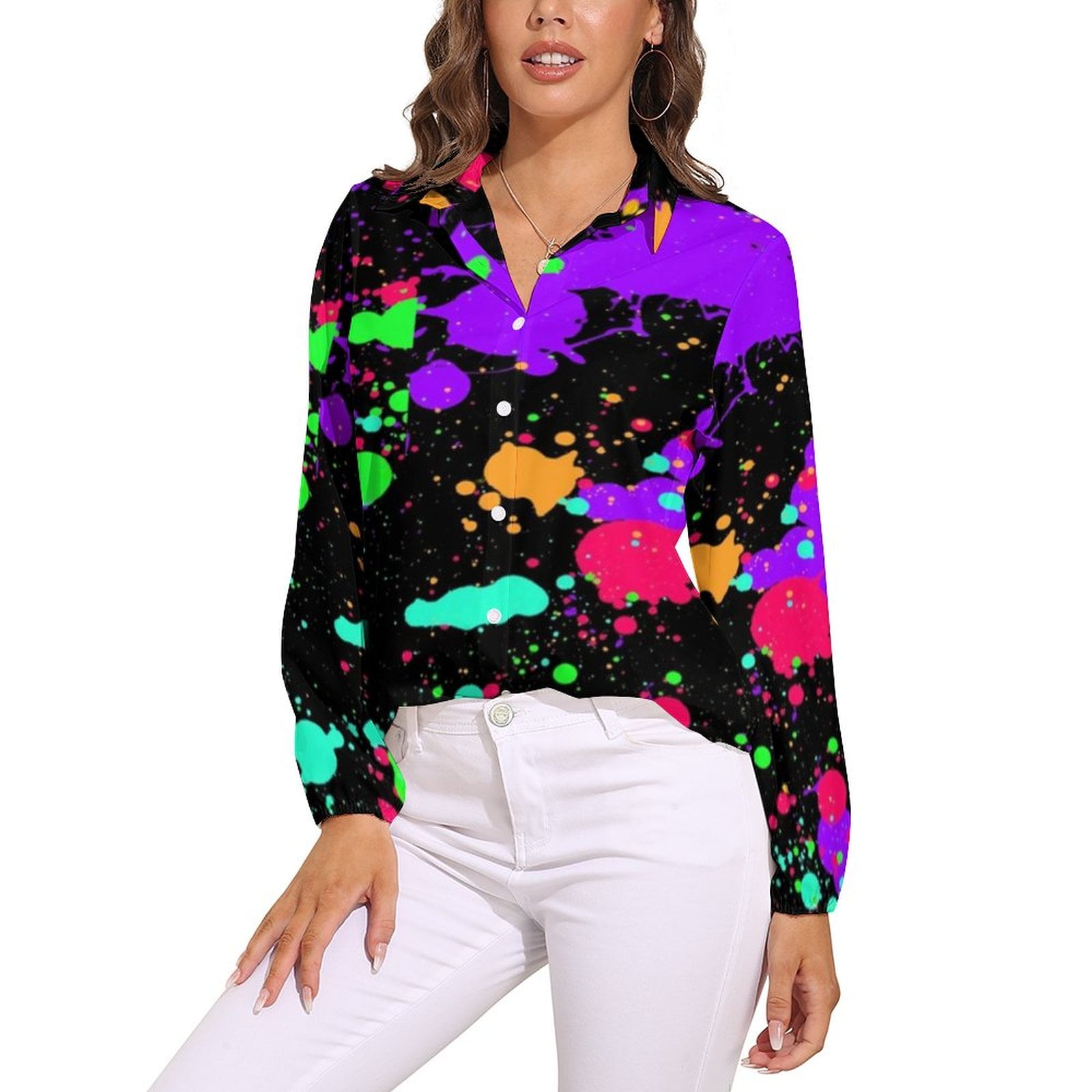 Neon Paint Swirl Blouse Long Sleeve Colorful Liquid Print Modern ...