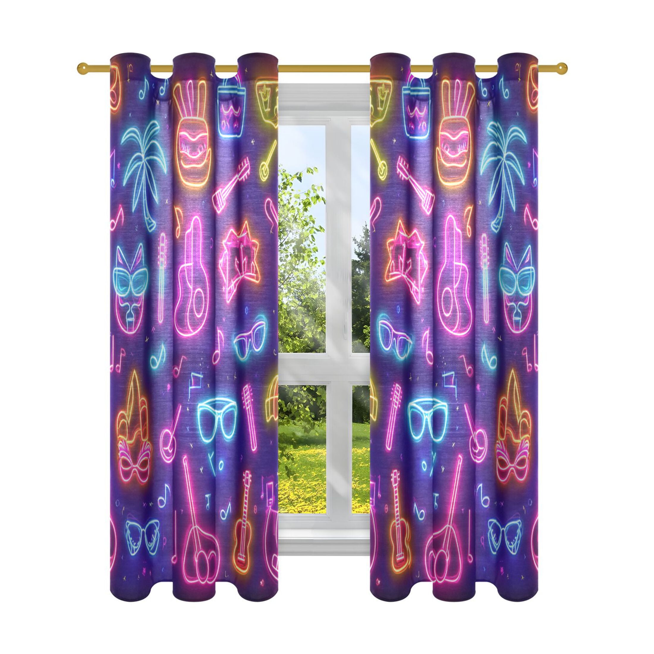 Neon Party Icons and Instruments Semi Sheer Curtains for Living Room ...