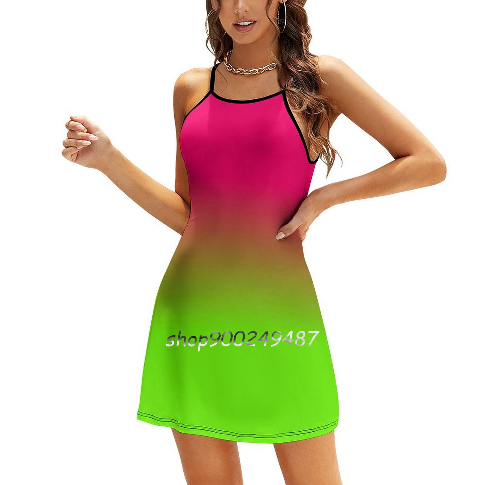 Neon Pink And Neon Green Ombré Shade Color Fade Square Neck Dress Sweet ...