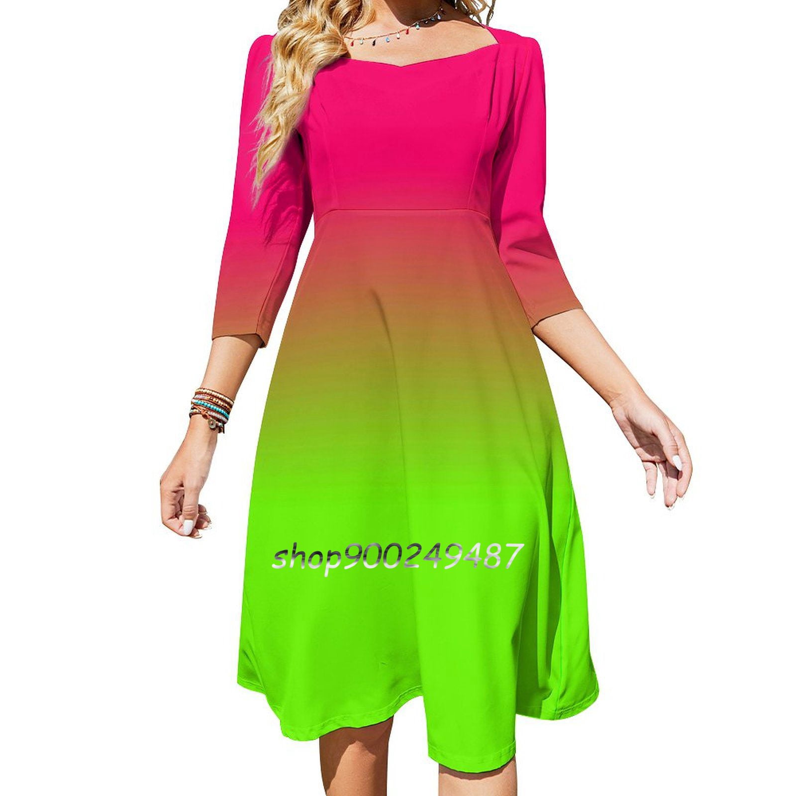 Neon Pink And Neon Green Ombré Shade Color Fade Square Neck Dress Sweet ...
