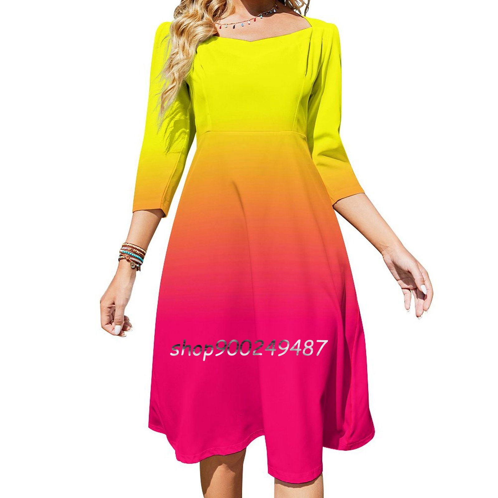 Neon Pink And Neon Yellow Ombré Shade Color Fade Square Neck Dress New ...