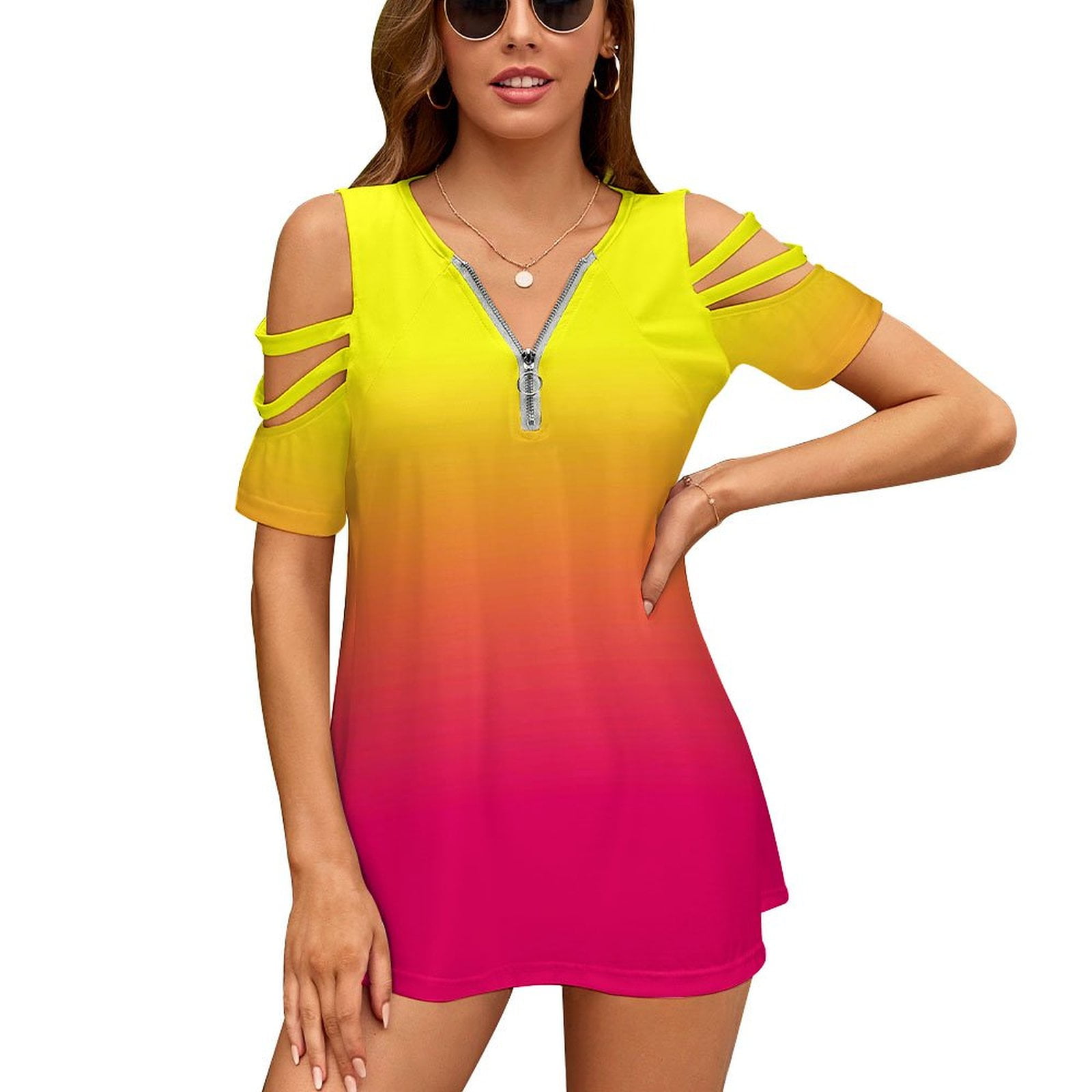 Neon Pink And Neon Yellow Ombré Shade Color Fade Women'S T-Shirt Summer ...