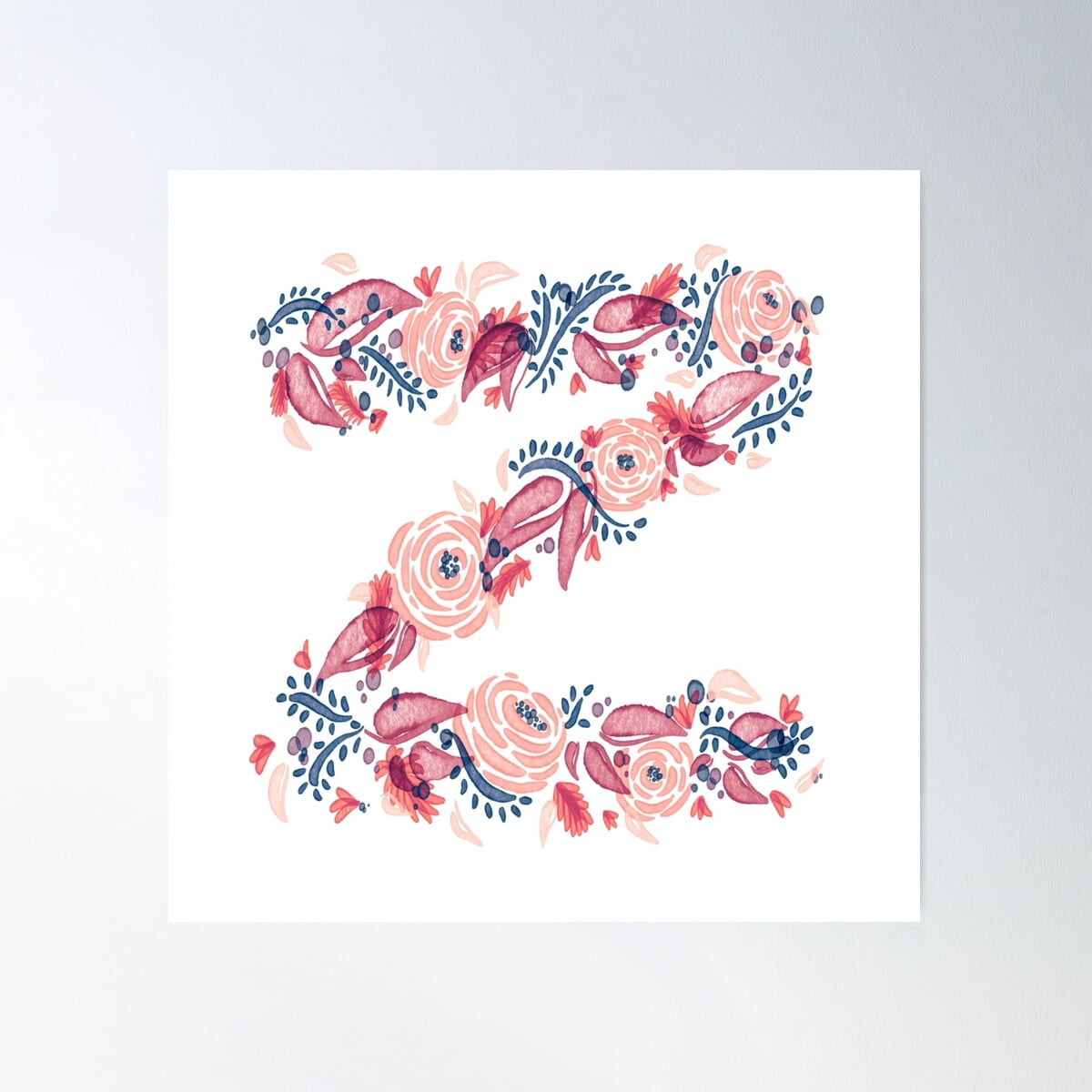 Neon Pink And Teal Watercolor Floral Monogram Z Poster Wall Art, Modern ...