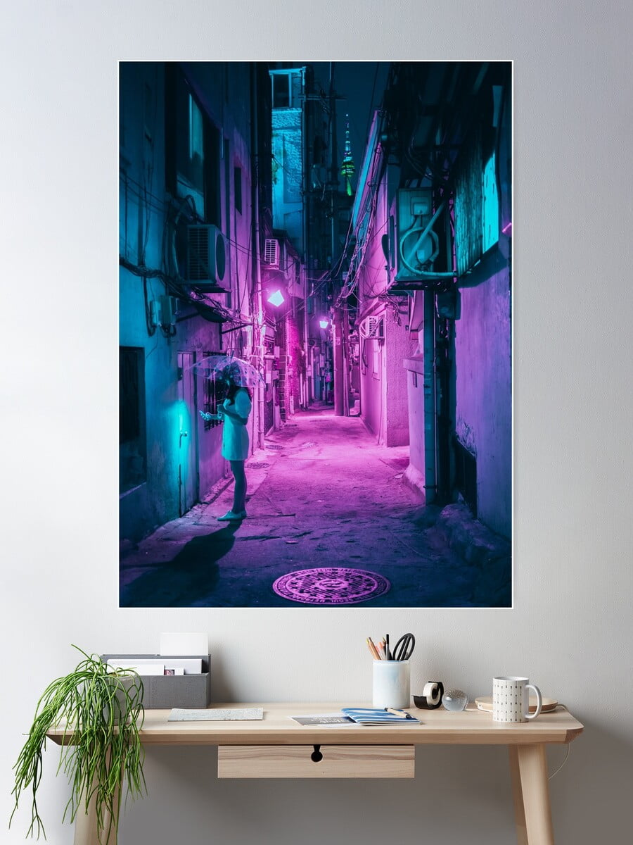 Neon Pink City In Cyberpunk Seoul Poster Wall Art, Modern Wall Decor ...