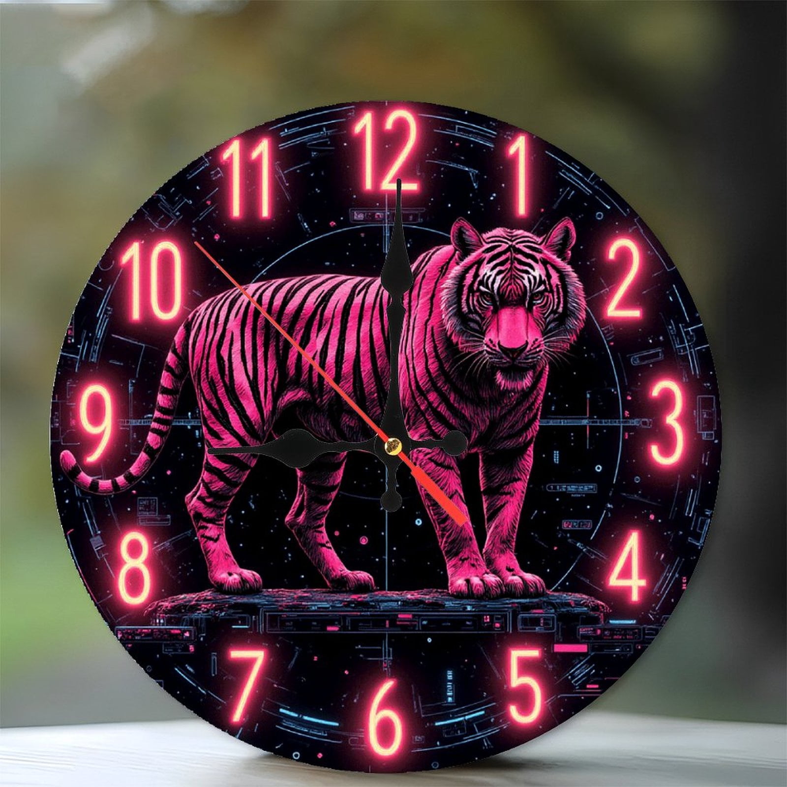 Neon Pink Tiger Wall Clock Home Decor 10-Inch Silent Wooden Wall Clock ...