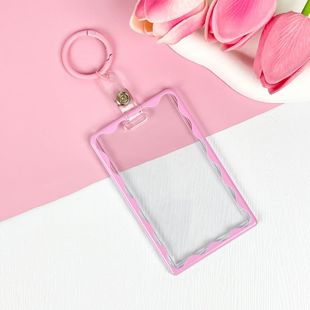 Neon Pink Transparent Acrylic ID Card Holder with Keychain for Office ...