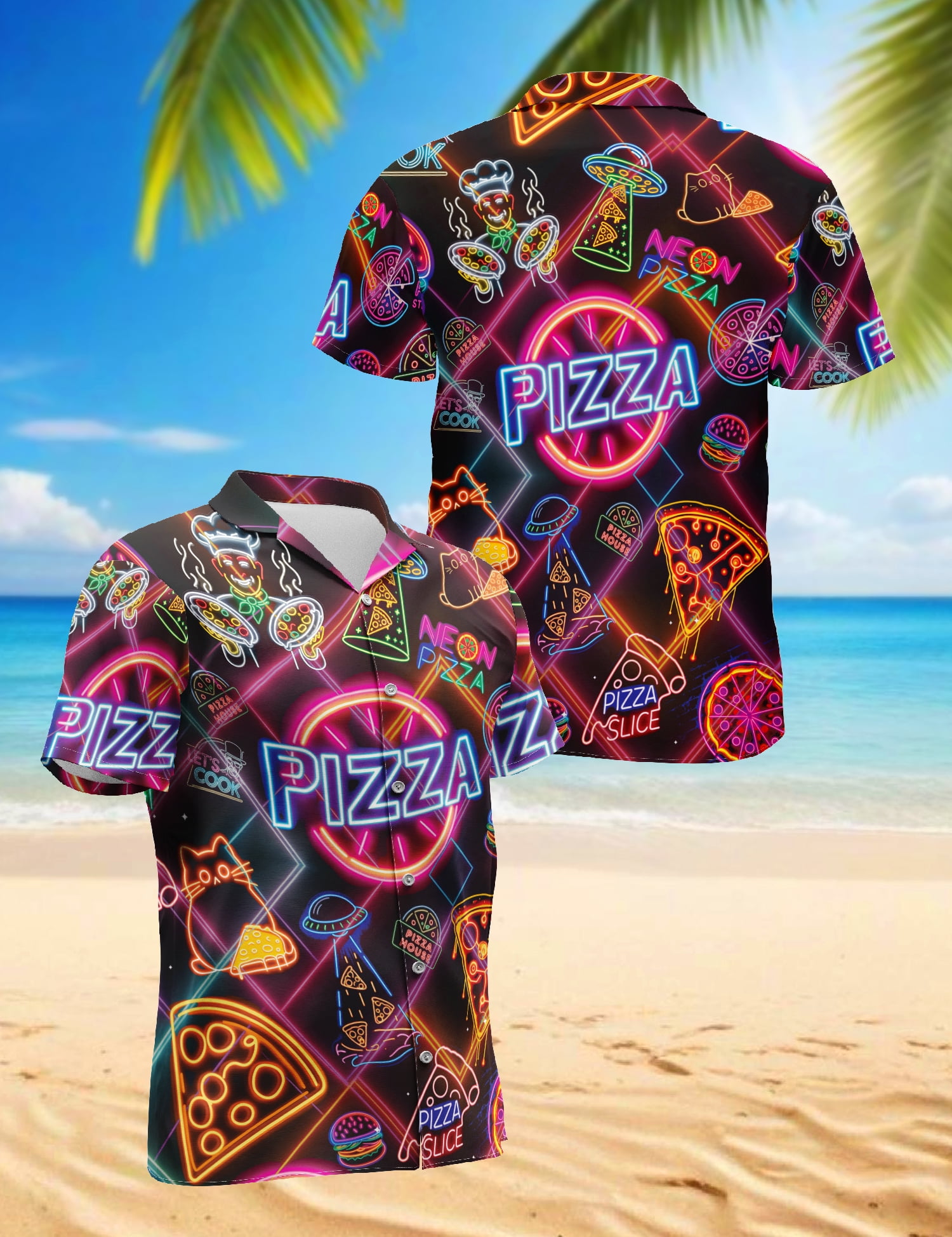 Neon Pizza Hawaiian Shirt for Men, Button Down Summer Beach Short ...