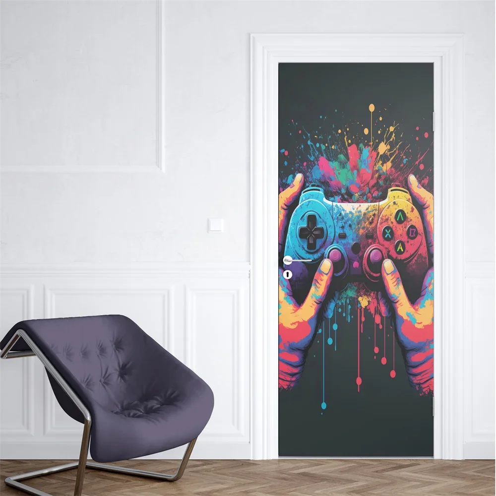 Neon Punk Game Door Sticker Splash Ink Gamepad Wallpaper Gaming Murals ...