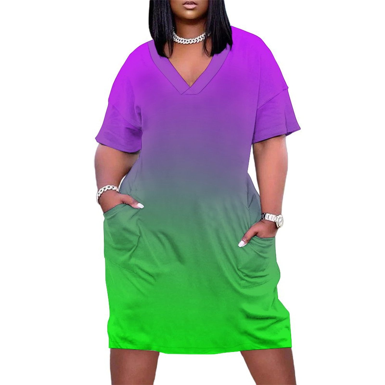 Neon Purple & Green Gradient Loose Pocket Dress sensual dress for women ...