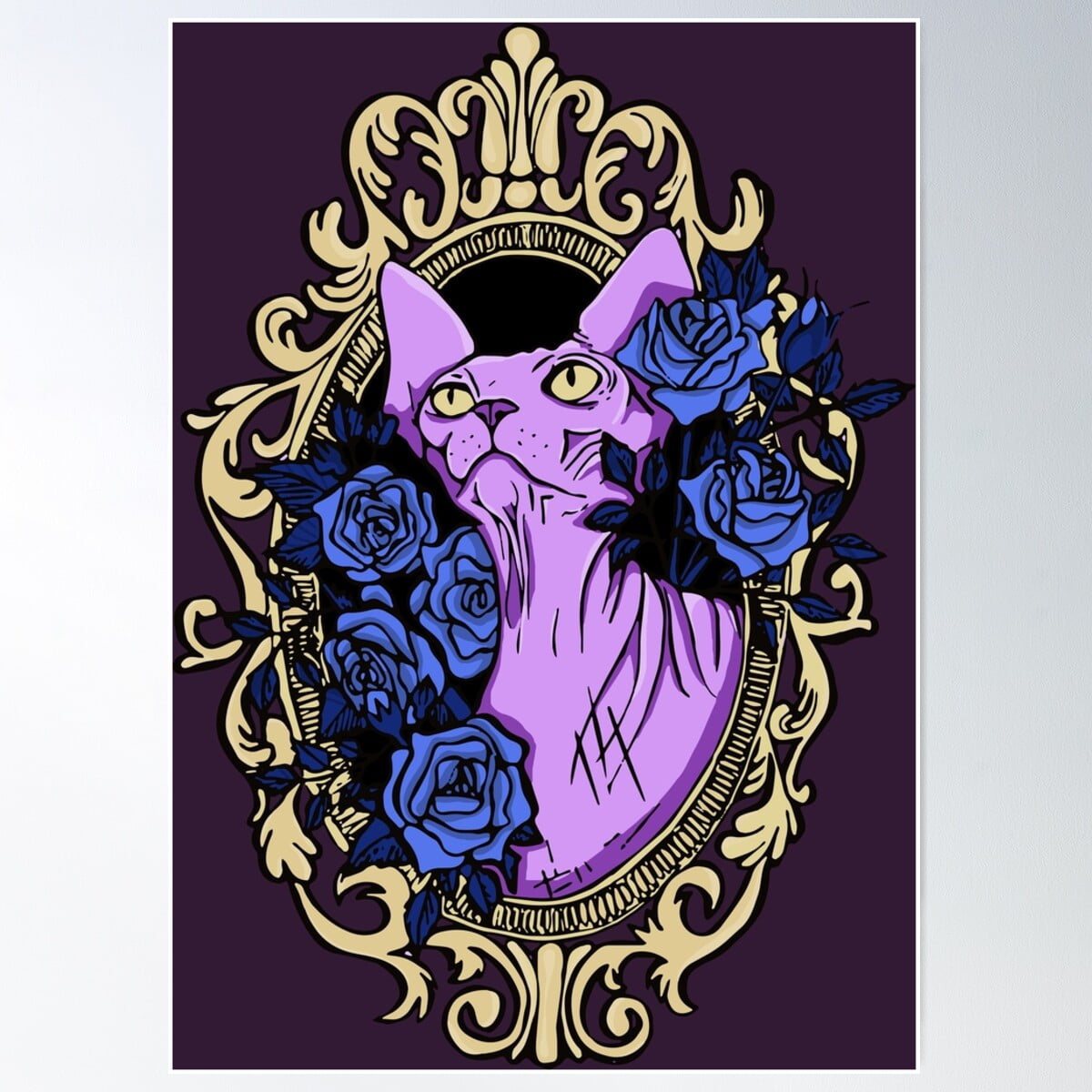 Neon Purple Hairless Sphynx Cat In A Baroque Frame Surrounded By ...