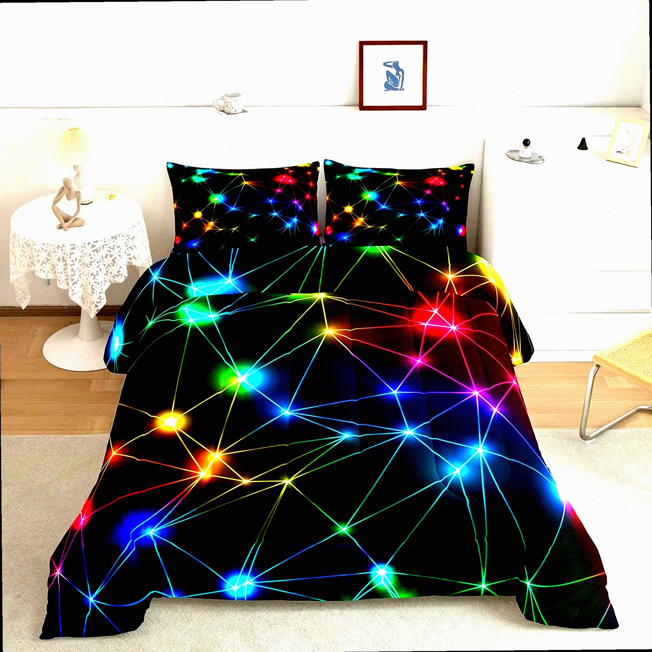 Neon Rainbow Glow Comforter Set - Geometric Modern Bedding - Super Soft ...