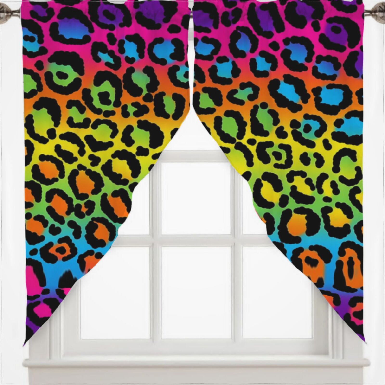 Neon Rainbow Leopard Print Swag Valances For Windows 2 Pack For Kitchen ...