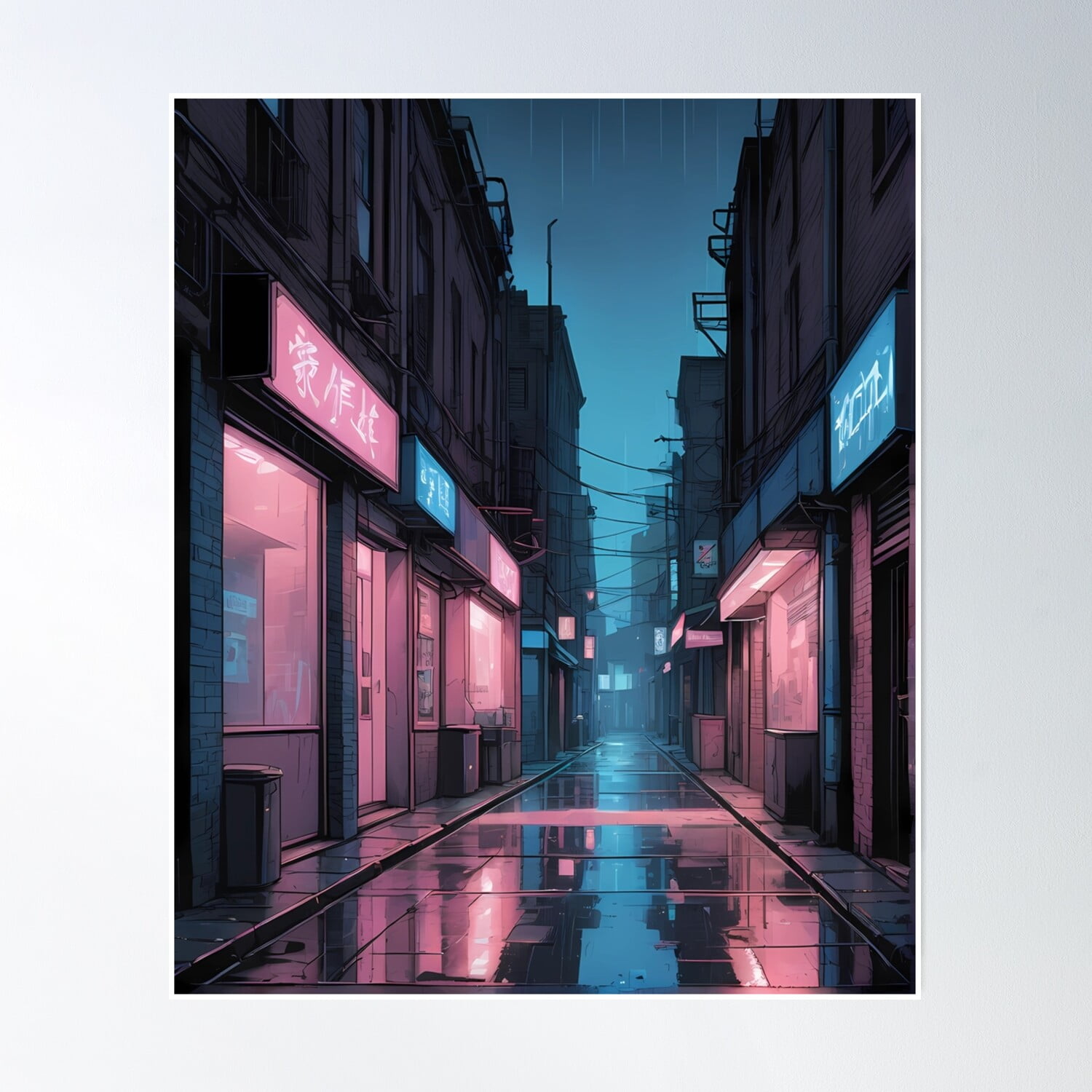 Neon Rainfall In A Quiet Alley Poster Wall Art, Modern Wall Decor ...