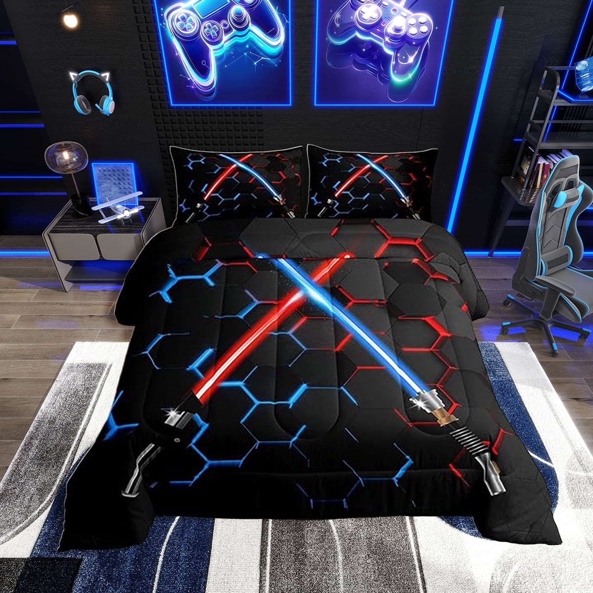 Neon Red Blue Lightsaber Bedding Set King Size Geometric Honeycomb ...