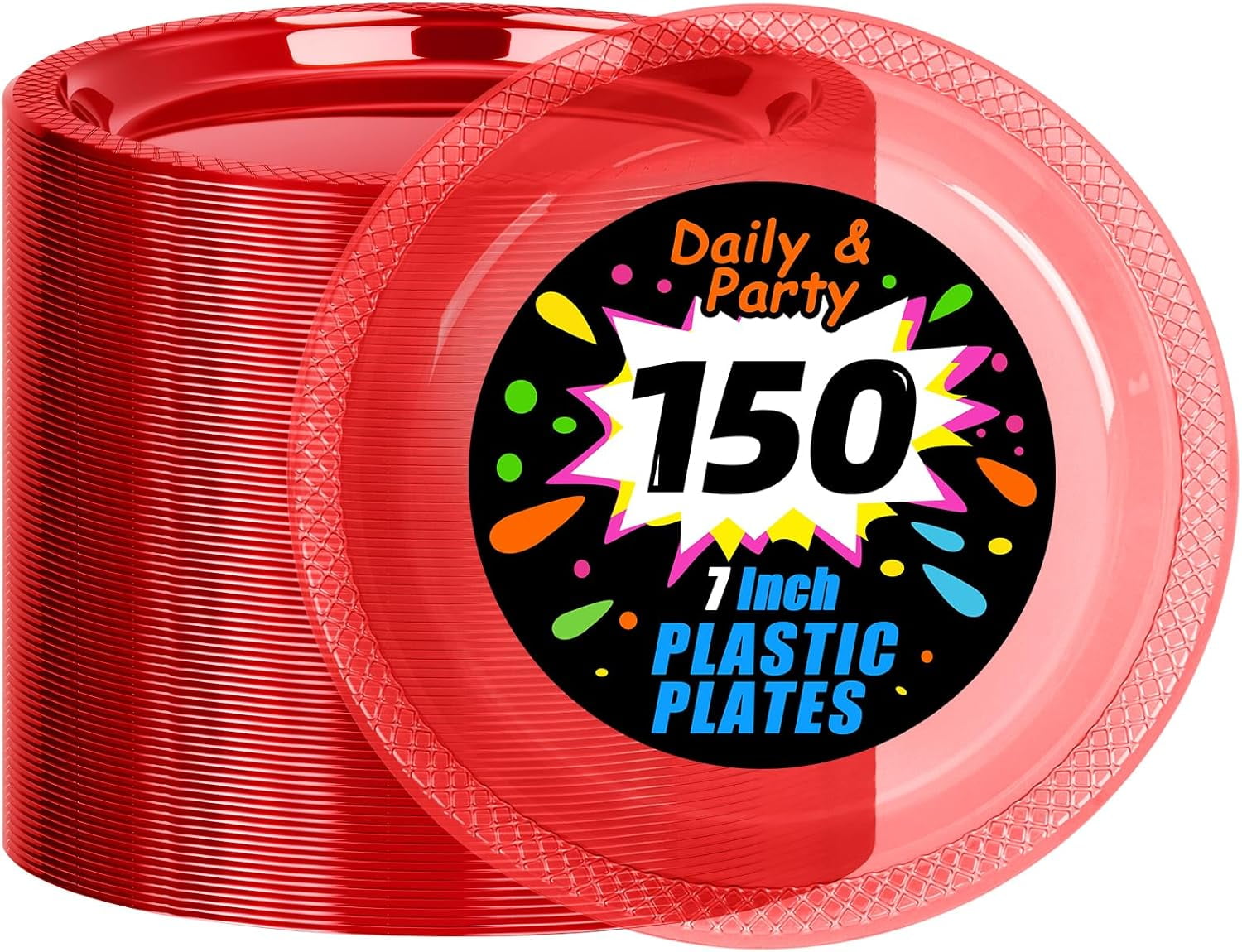 PHYSUN-Neon Red Party Plates 7 Inch -150 Count, Translucent Red Plastic ...