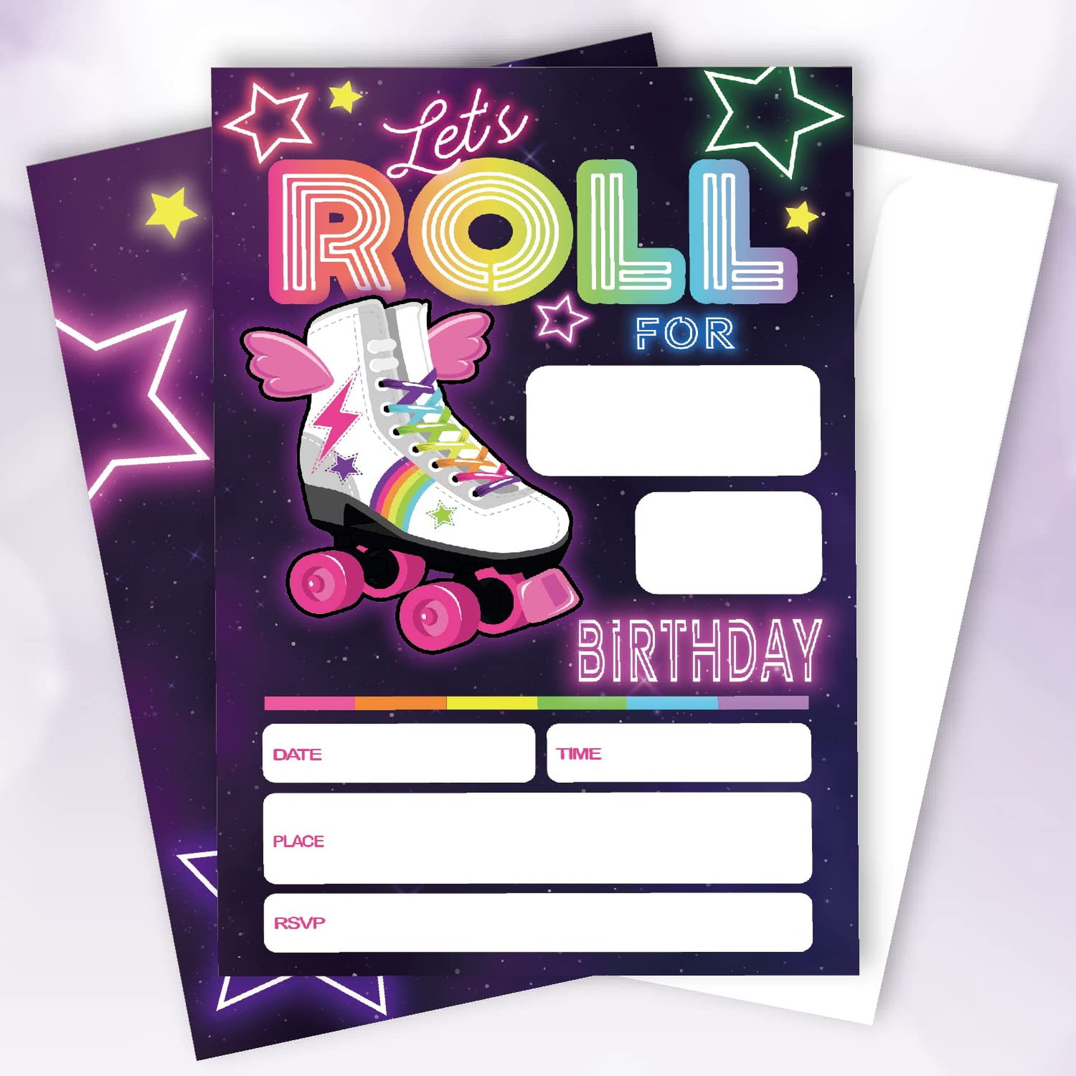 Neon Roller Skating Birthday Party Invitations - 20 Double-Sided Sets ...