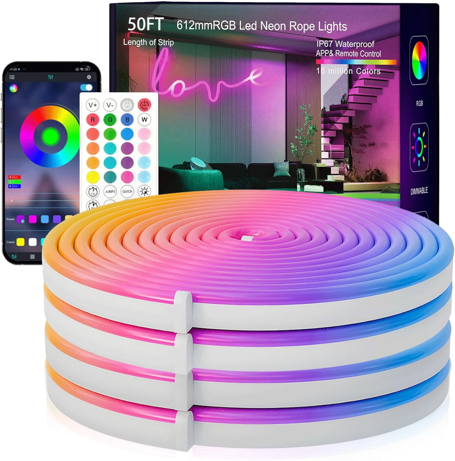 Neon Rope Lights, 50FT RGB Led Strip, Waterproof IP67, DIY Design ...