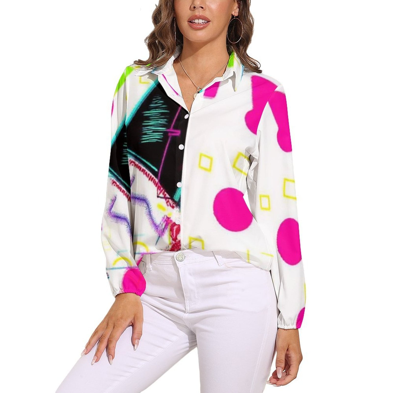 Neon Shapes Splash Vntage Casual Long Sleeve Shirt Blouse Woman ...