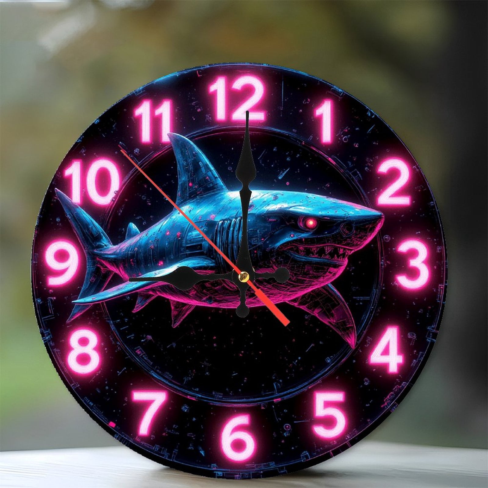 Neon Shark Wall Clock Art Decor Fishing Gift 10-Inch Silent Wooden Wall ...