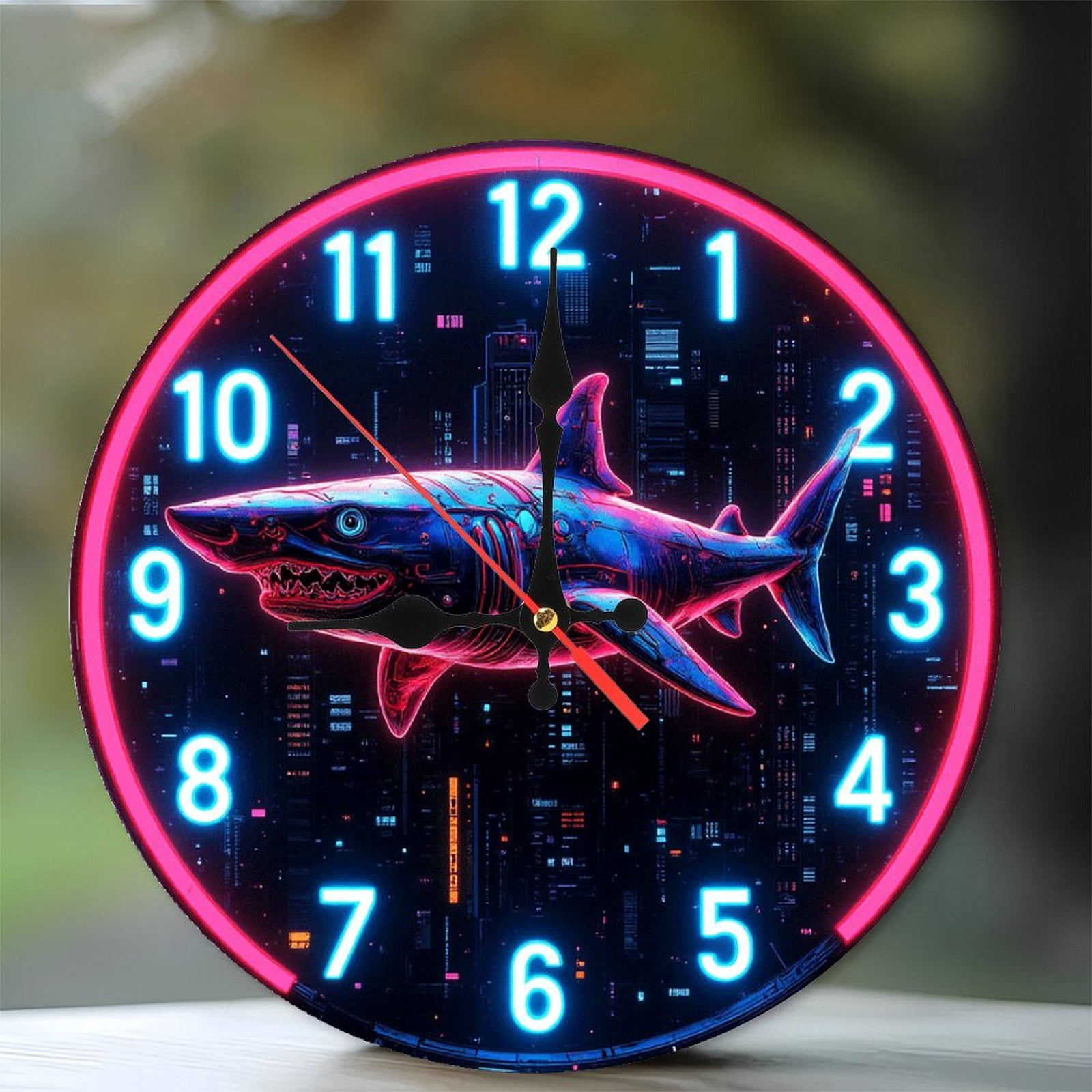 Neon Shark Wall Clock for Modern Home Decor 10-Inch Silent Wooden Wall ...