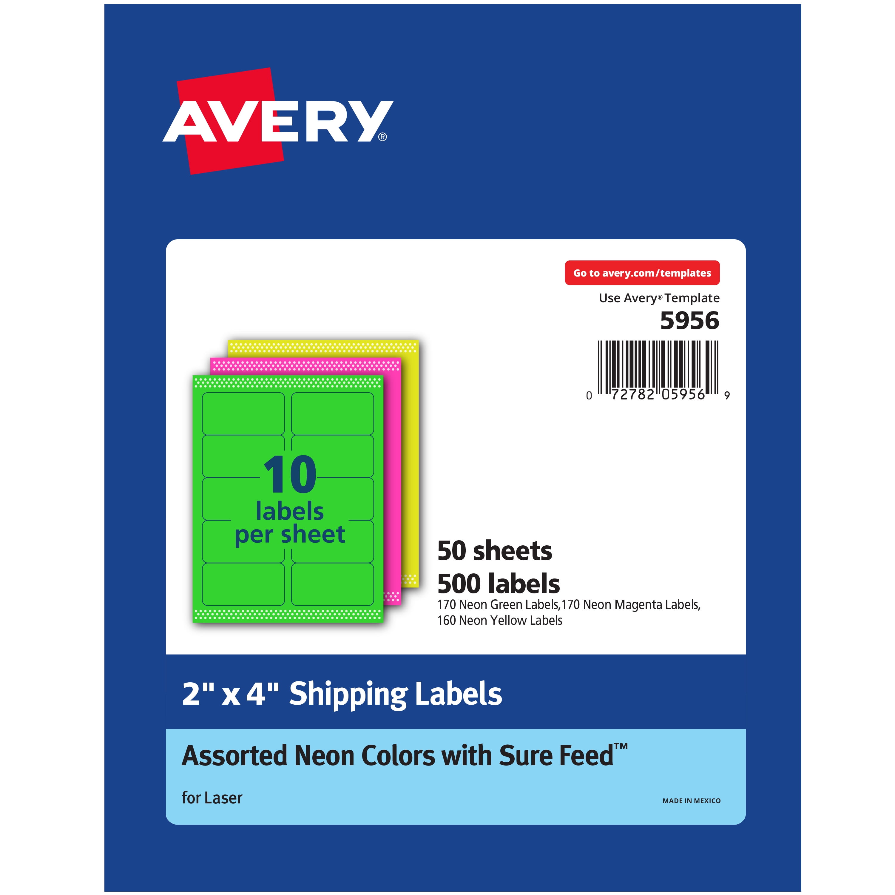 Avery 2"x 4" Neon Shipping Labels with Sure Feed, 500 Labels (5956 ...