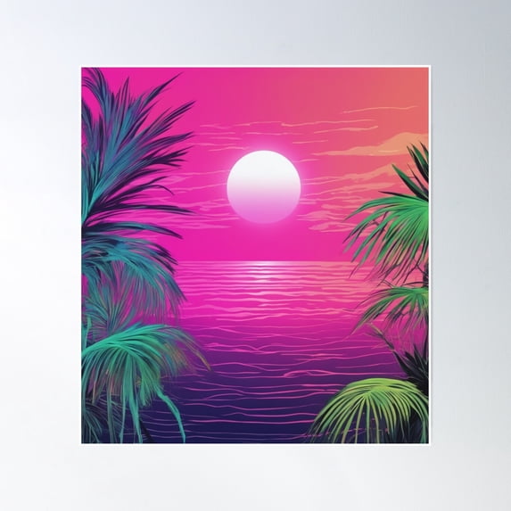 Neon Shoreline Serenity: Vibrant Sunset By The Beach Poster Wall Art ...