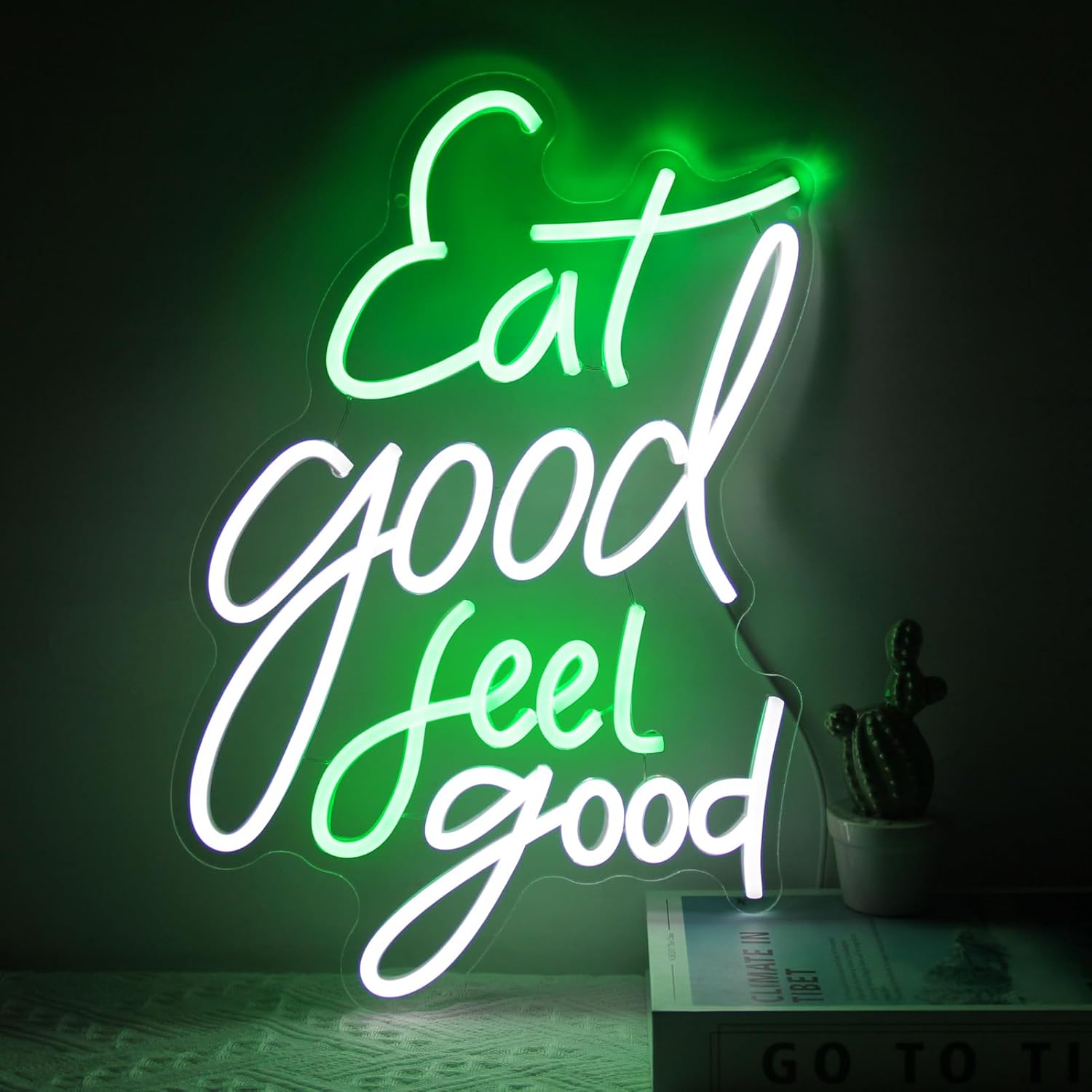 Neon Sign Eat Good Feel Good with Green White Lettering, LED Neon Light ...