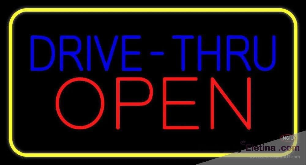 Neon Signs for Wall Decor Blue Drive-thru Red Open Yellow Border ...