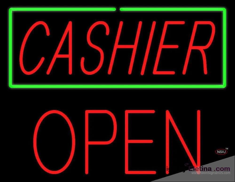 Neon Signs for Wall Decor Cashier With Green Border Block Open Handmade ...
