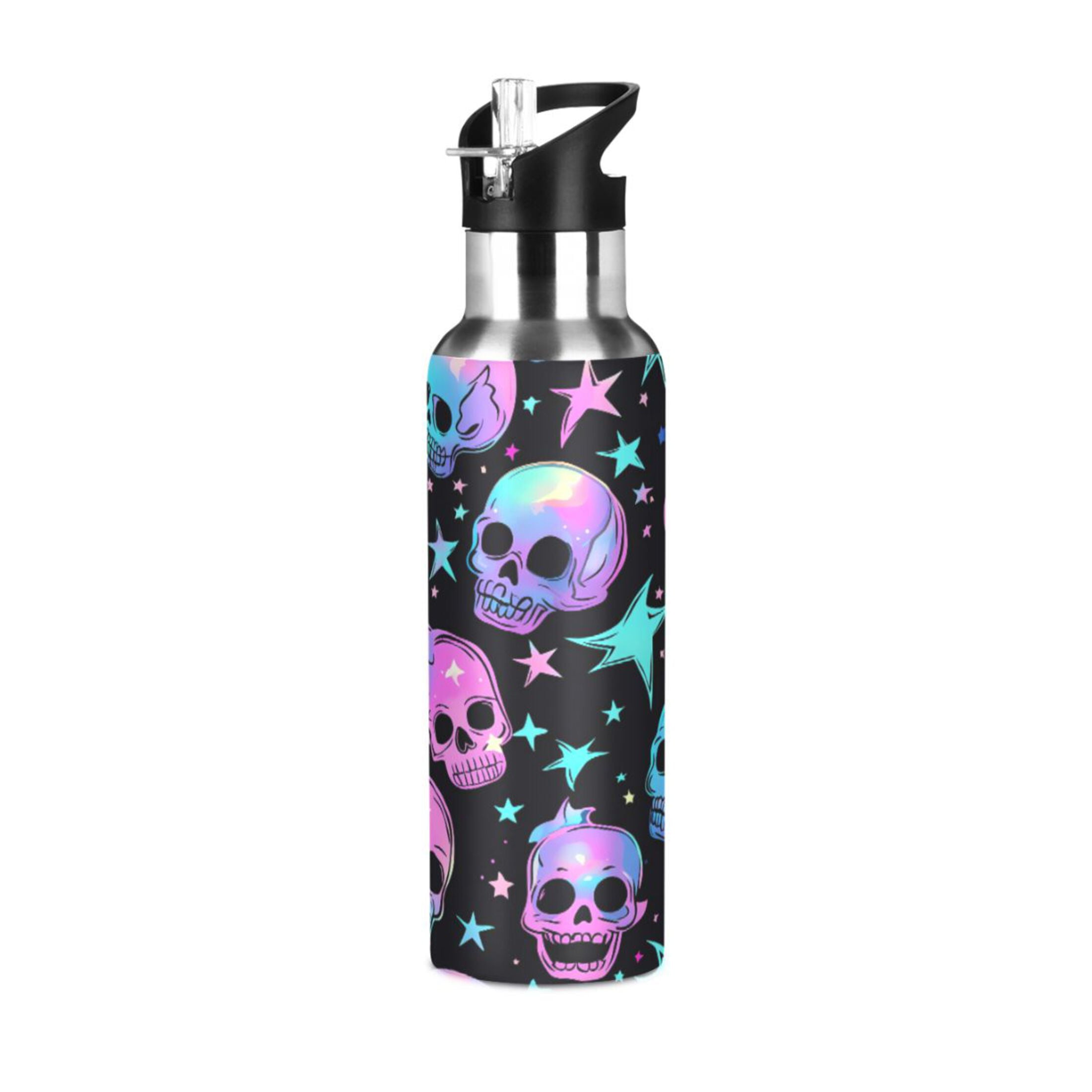 Water Bottles 20oz Straw Lid Wide Mouth Stainless Steel for School Sport Travel Neon Skulls and ...
