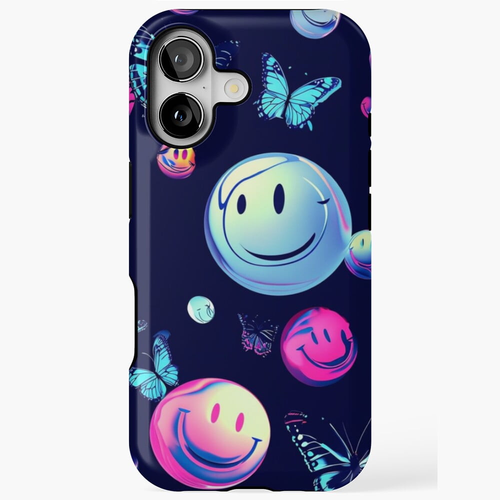 Neon Smileys with Butterflies Retro Print iPhone Case 11 to 17 Pro Max ...