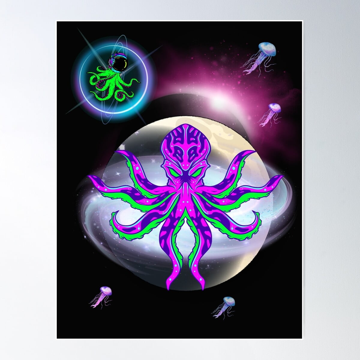 Neon Space Astronaut Octopus Poster Wall Art, Modern Wall Decor For ...