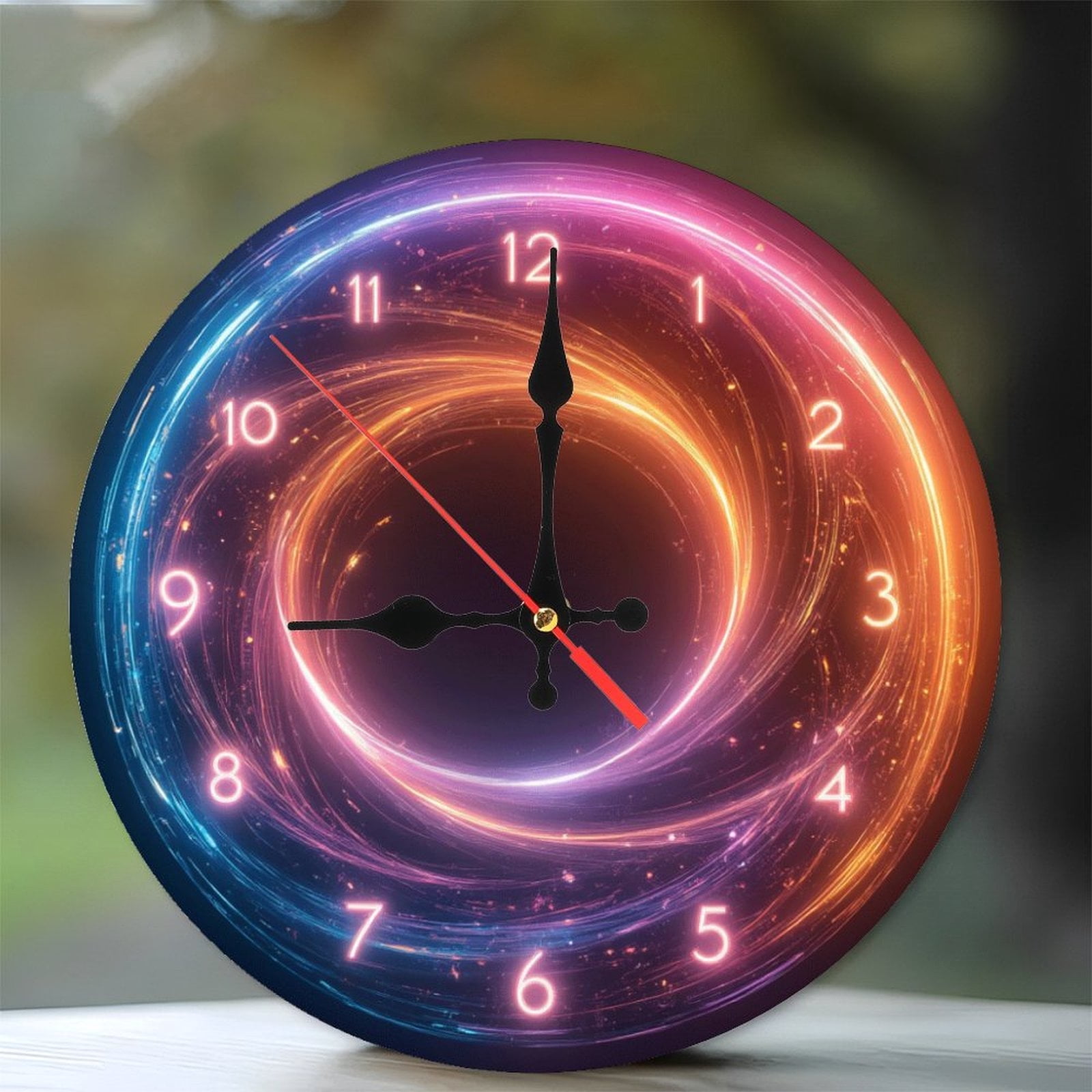 Neon Spiral Clock 12-Inch Silent Wooden Wall Clock, Battery Operated ...
