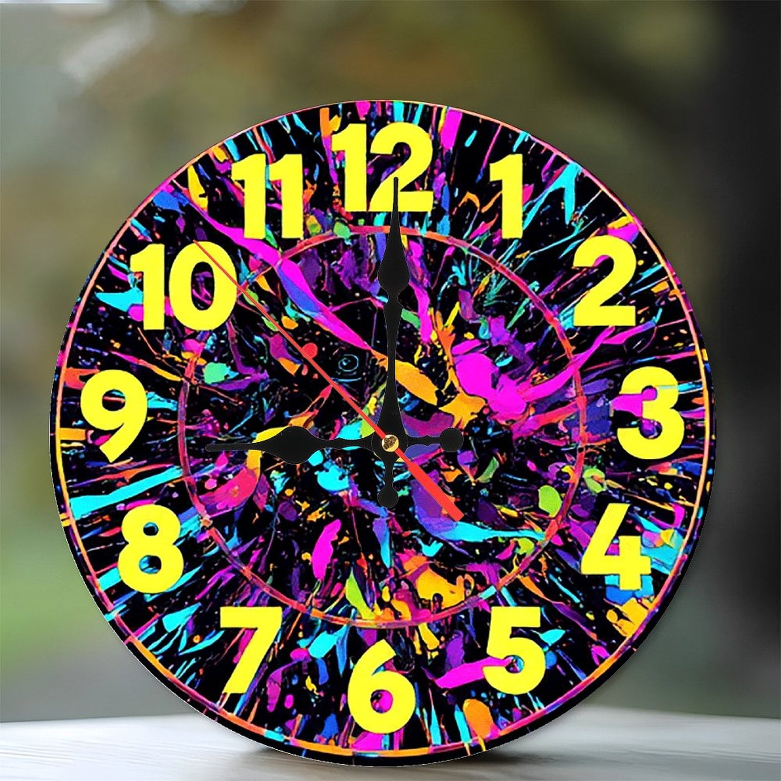 Neon Splash Paint Clock Wall Art 10-Inch Silent Wooden Wall Clock, Battery Operated (AA ...