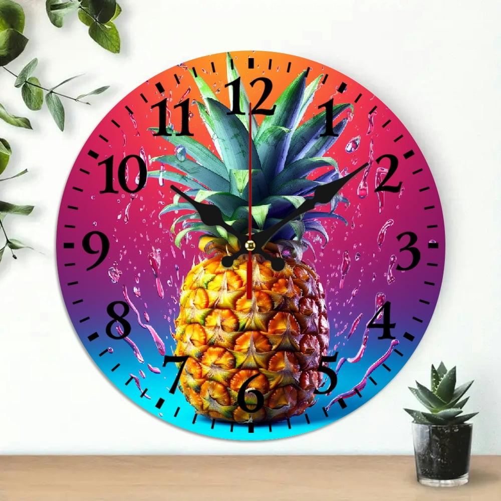 Neon Splash Pineapple Wall Clock Silent Non Ticking Wooden Wall Clocks ...
