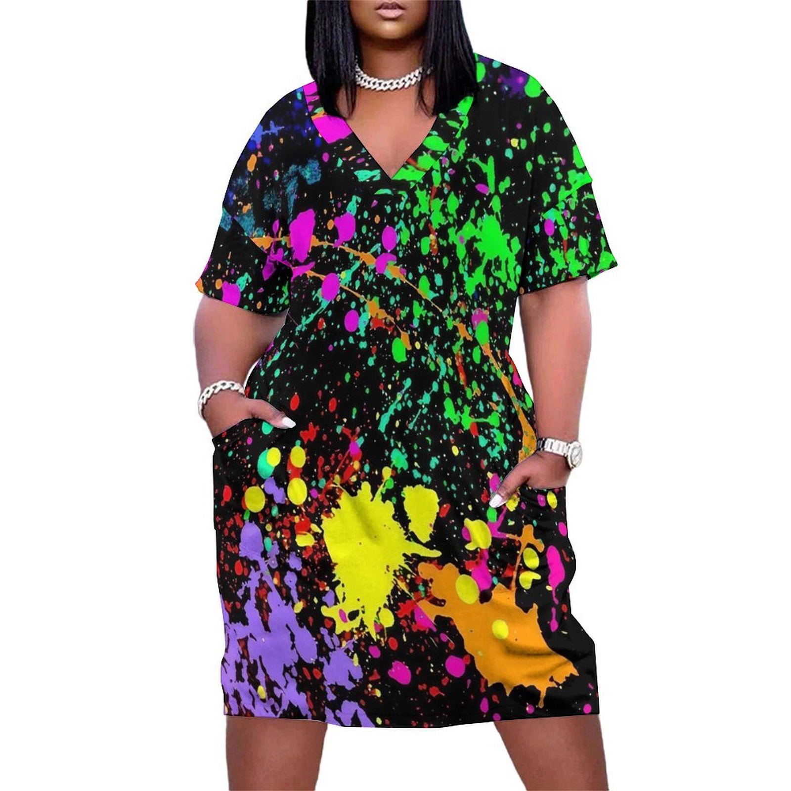 Neon Splatter Paint Summer Dresses for Women Plus Size Sundress Short ...