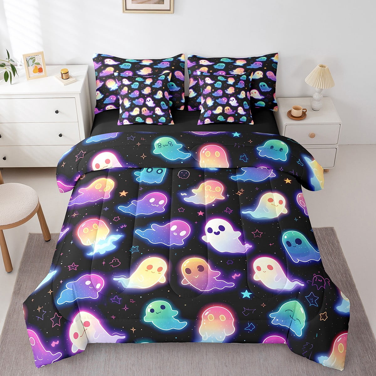 Neon Spooky Animal Bed in a Bag 7pcs Gradient Ghost Bedding Set ...