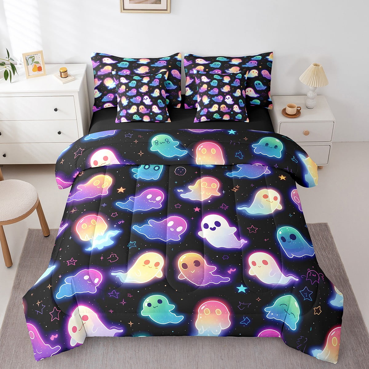 Neon Spooky Animal Queen Comforter Set 7-Piece Gradient Ghost Bedding ...