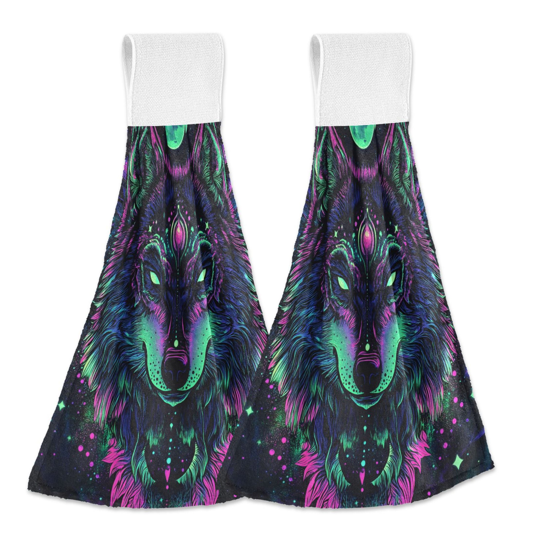 Neon Stars Wolf Head Moon Hanging Towels with Loop Hand Towels Nylon ...
