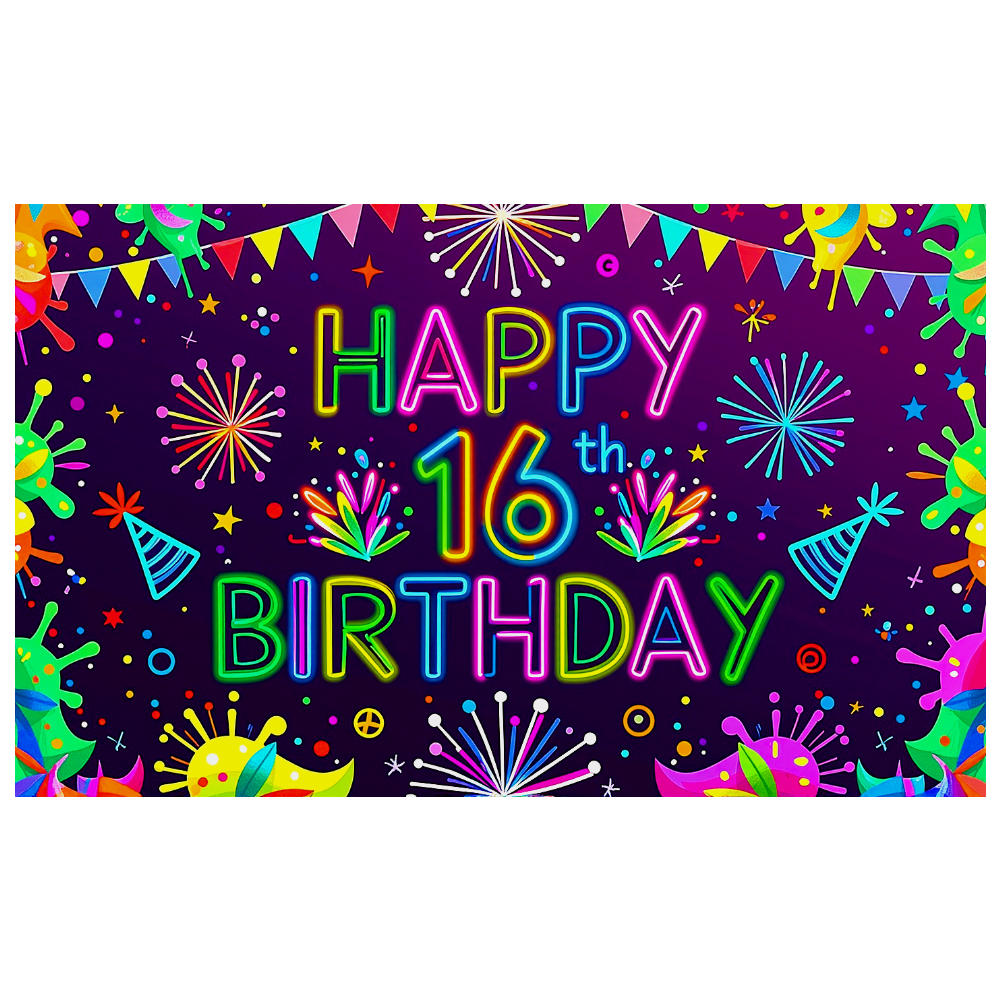 Neon Style 16th Birthday Backdrop Banner Colorful Party Decorations ...