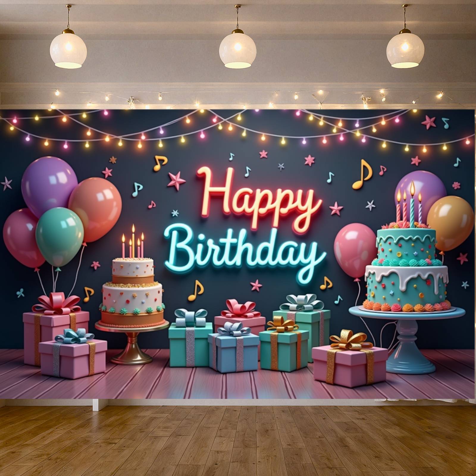 Neon Style Banner Colorful Balloons Birthday Display Cake Decorations ...