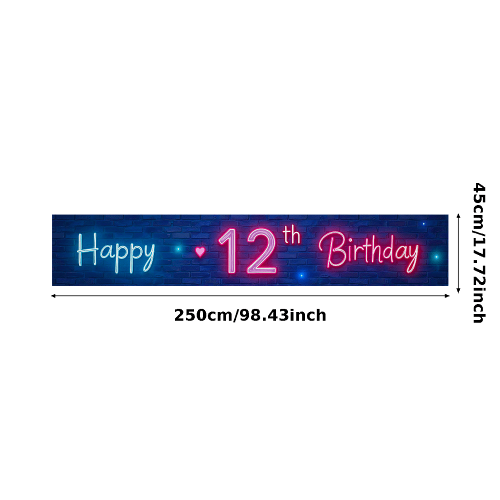 Neon Style Happy 12th Birthday Banner Backdrop Background Party ...