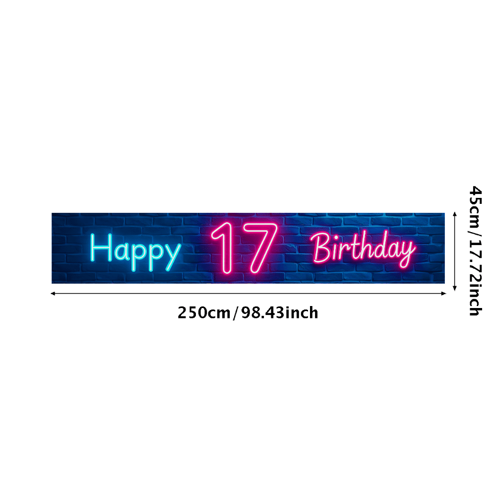 Neon Style Happy 17 Birthday Banner Backdrop Background Party Supplies ...